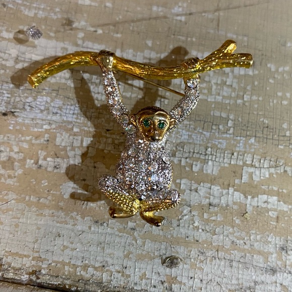 Jewelry | Darling Monkey Broochpin Hanging From A Gold Branch Clear ...